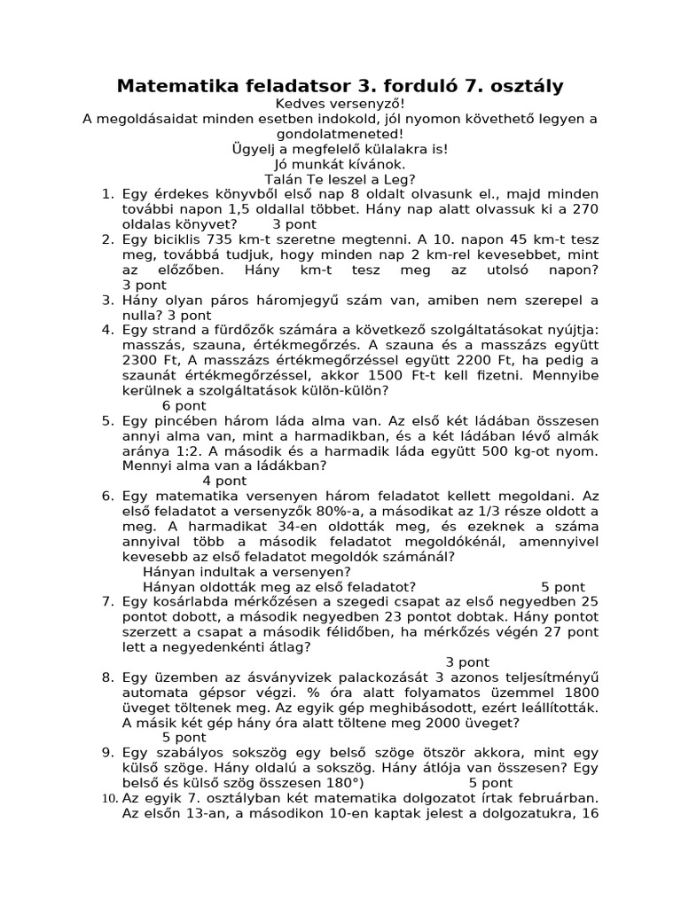 Matematika Feladatsor 3 | PDF