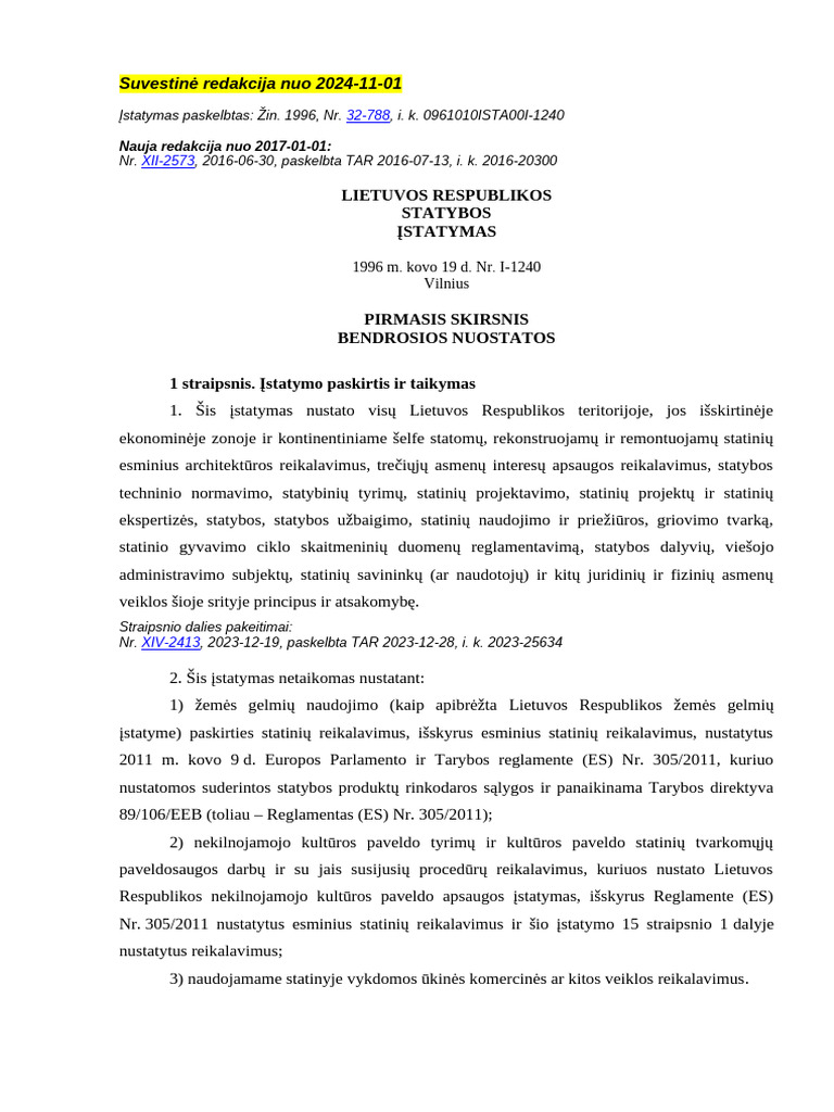 XX Statybos Įstatymas Nuo - 2024 11 01 | PDF