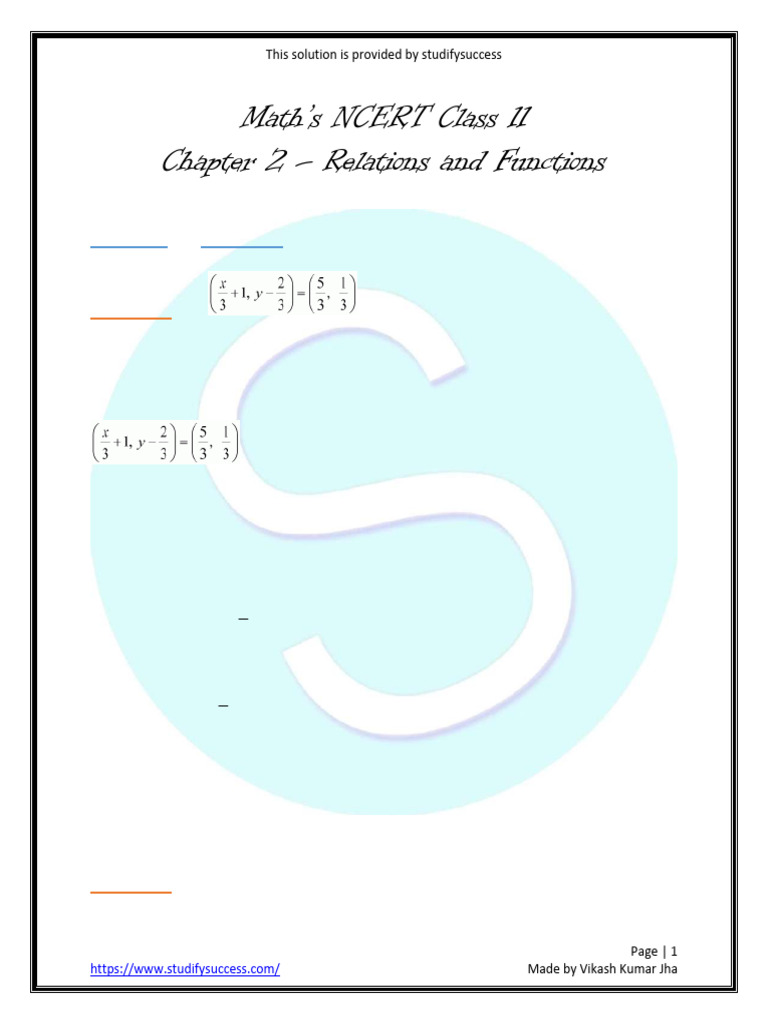 Class 11 Math Chapter 2 Relations and Functions | PDF | Function (Mathematics) | Mathematical ...