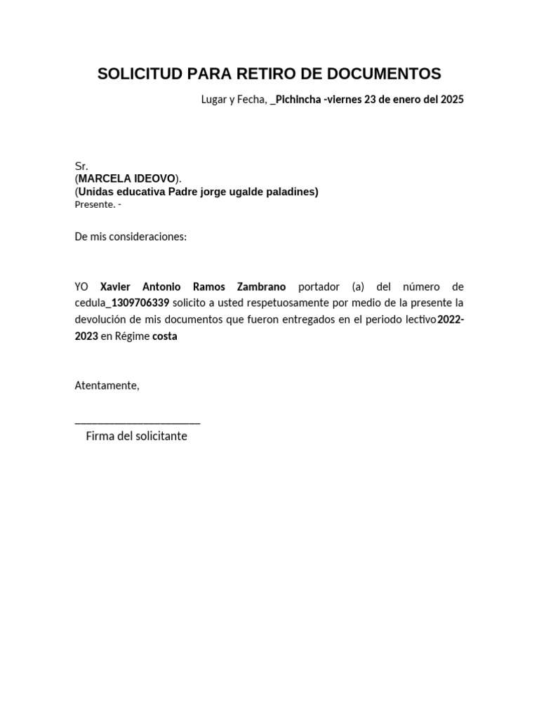 1 Solicitud Para Retiro de Documentos | PDF