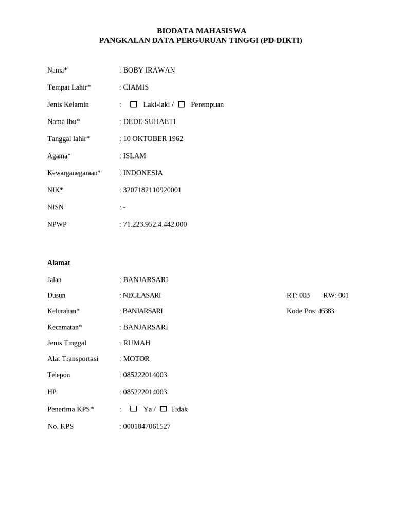 Biodata Mahasiswa Pangkalan Data PD-DIKTI | PDF