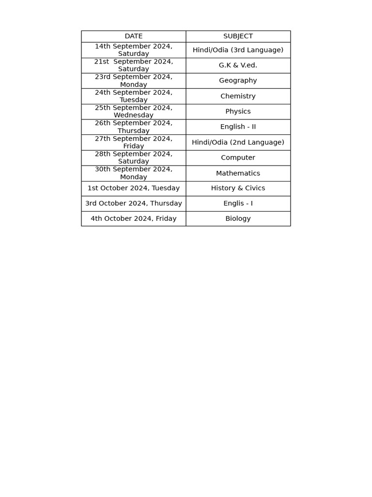 1st Terminal Exam Time-Table 2024 Class VII | PDF