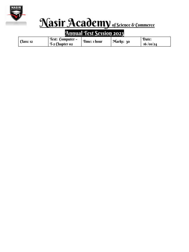 Class 12 Computer Test T-2 2023 | PDF