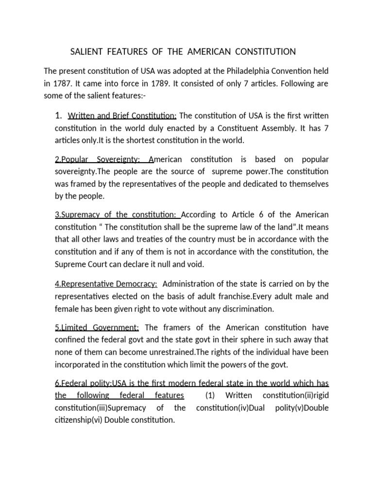 Salient Features of the U.S. Constitution | PDF | Constitution ...