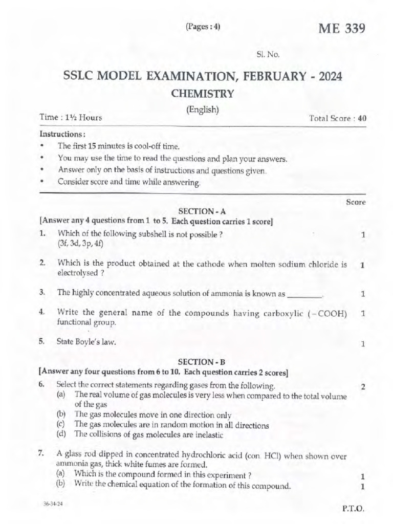 Kerala SSLC Model Exam 2024 Chemistry Question Paper EM | PDF
