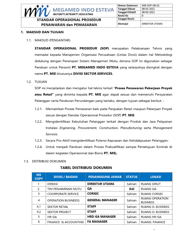 SOP Penawaran dan Pemasaran PT MIE | PDF