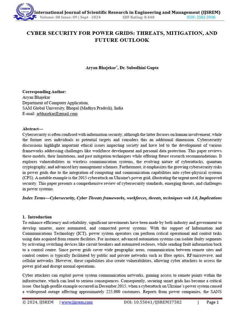 Cybersecurity For Power Grids Threats Mitigation And Future Outlook Pdf Computer Security
