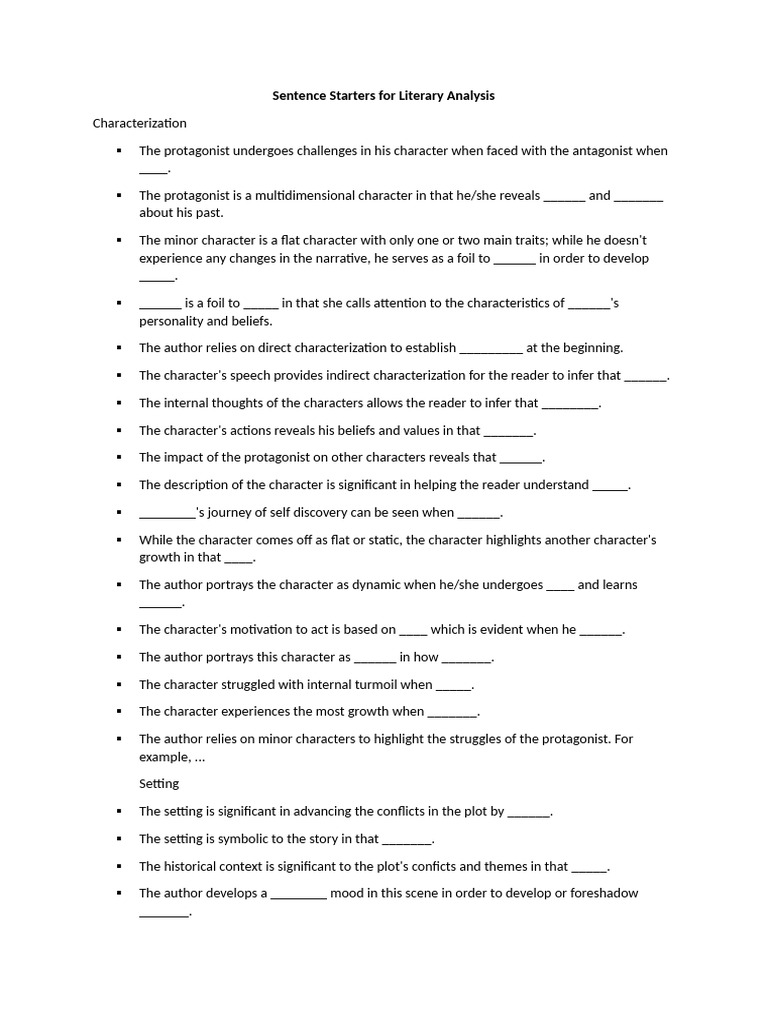 Sentence Starters For Literary Analysis - 1 | PDF | Narration