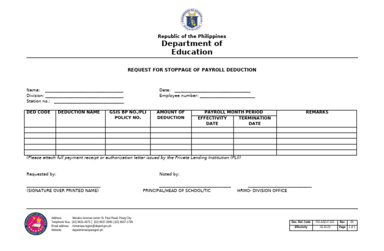 Payroll Deduction Stoppage Request Form | PDF