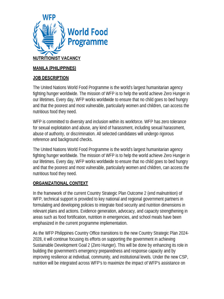 Nutritionist Job Description WFP | PDF | World Food Programme | Hunger