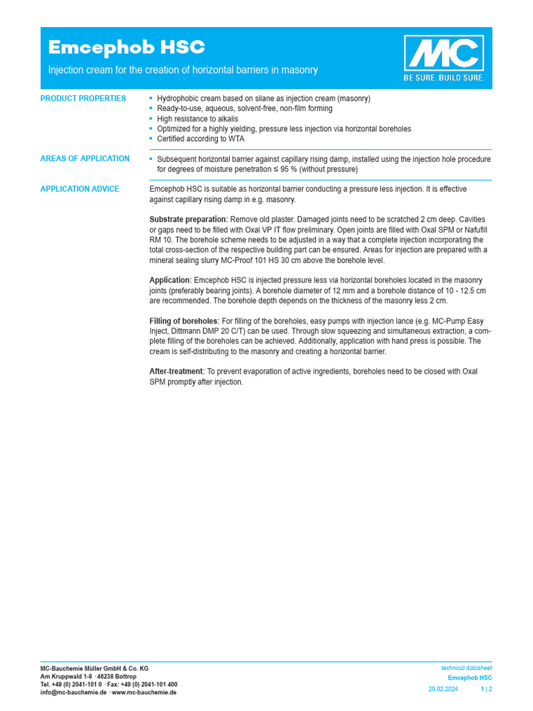 Emcephob HSC: Injection Cream for Masonry | PDF | Materials