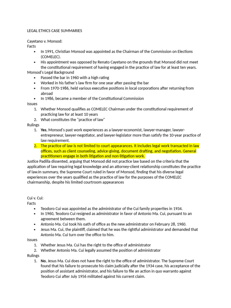 Legal Ethics Case Summaries Overview | PDF | Disbarment | Practice Of Law
