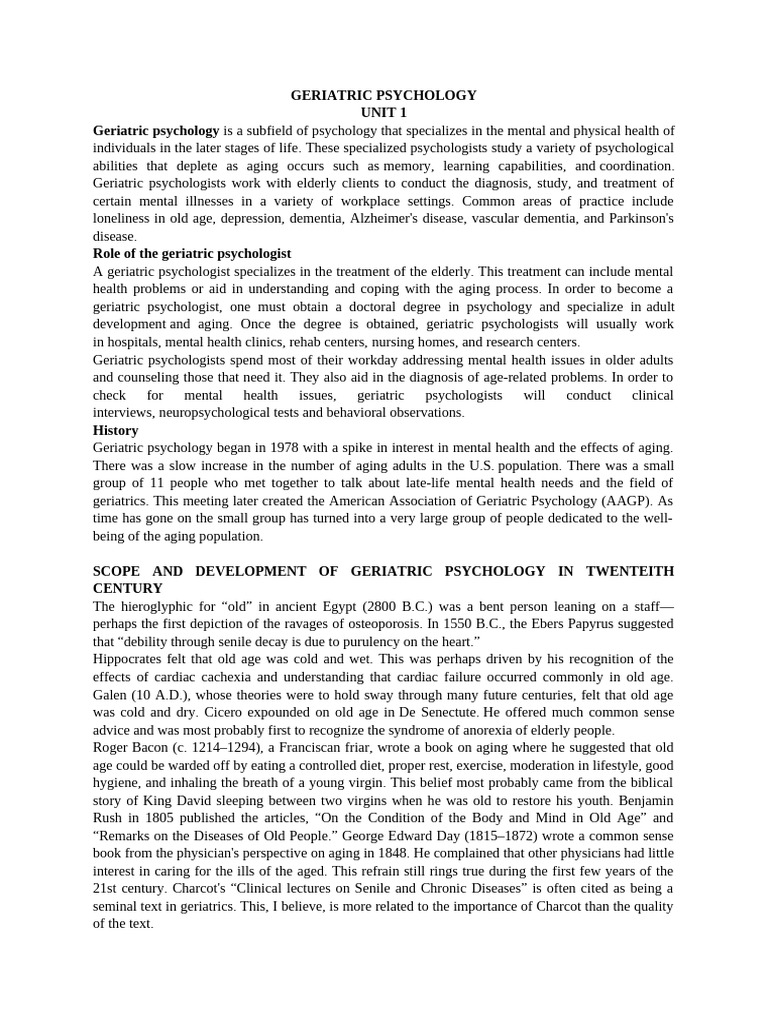 GERIATRIC PSYCHOLOGY Unit 1 | PDF | Medicine | Health Care