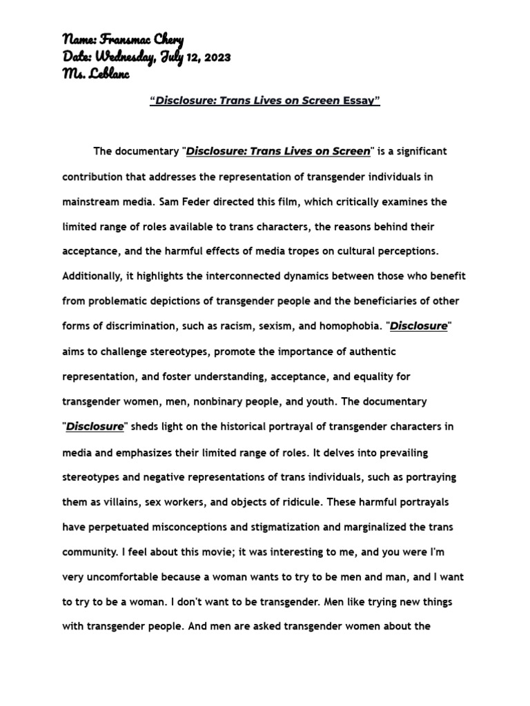 "Disclosure - Trans Lives On Screen Essay" Fransmac Chery | PDF ...