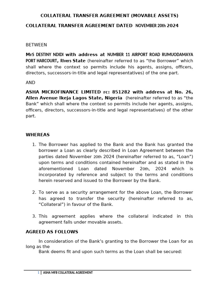Savoir COLLATERAL TRANSFER AGREEMENT (Movable Assets) | PDF | Loans ...