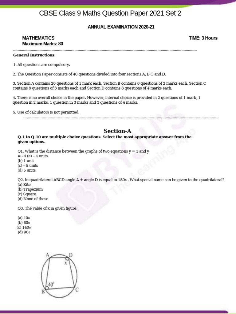 CBSE Class 9 Maths Question Paper 2021 | PDF | Area | Sphere