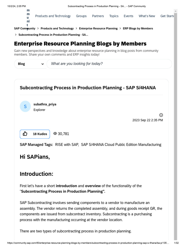 Subcontracting Process in Production Planning - SA... - SAP Community | PDF | Enterprise ...