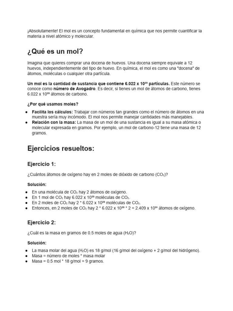 Explica El Concepto de Mol y Con Ejercicio Resuel.. | PDF