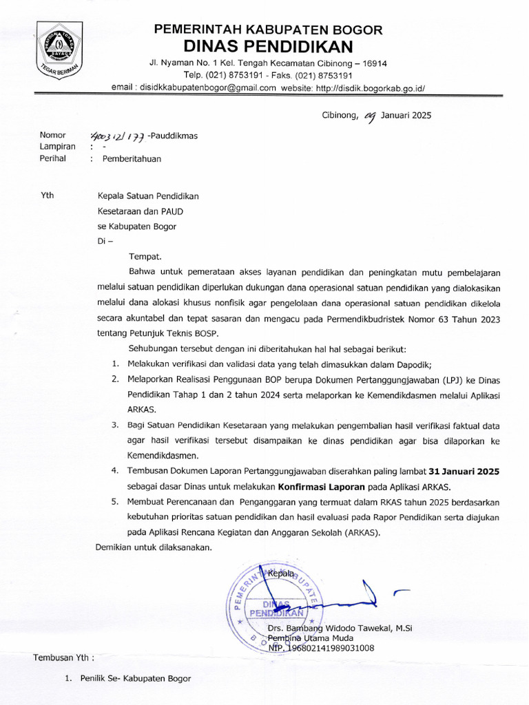 Surat Pemberitahuan LPJ Bosp 2024 | PDF