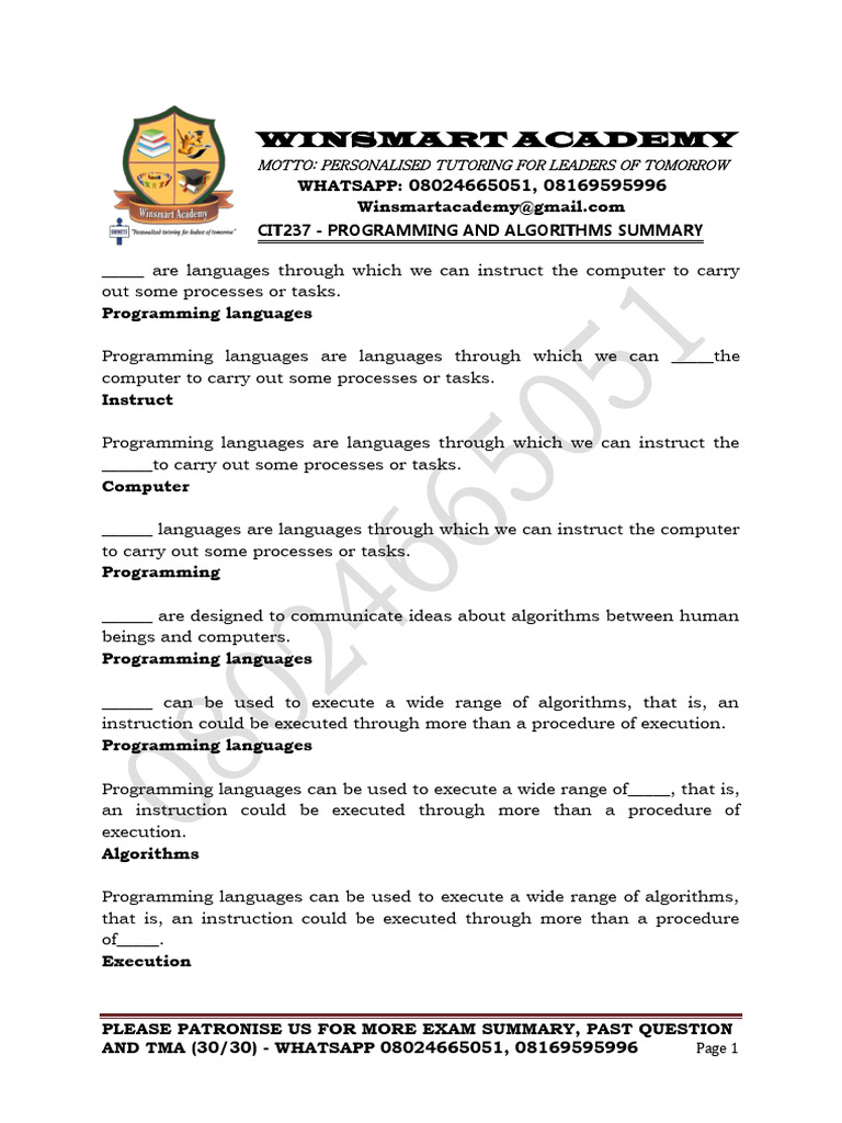 Cit237 Programming and Algorithms Summary | PDF | Computer Program | Programming