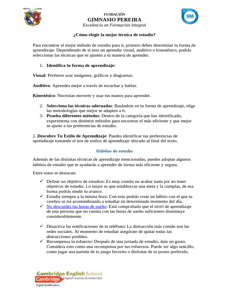Material Estudiantes Tecnicas de Estudio y Estilos de Aprendizaje | PDF ...