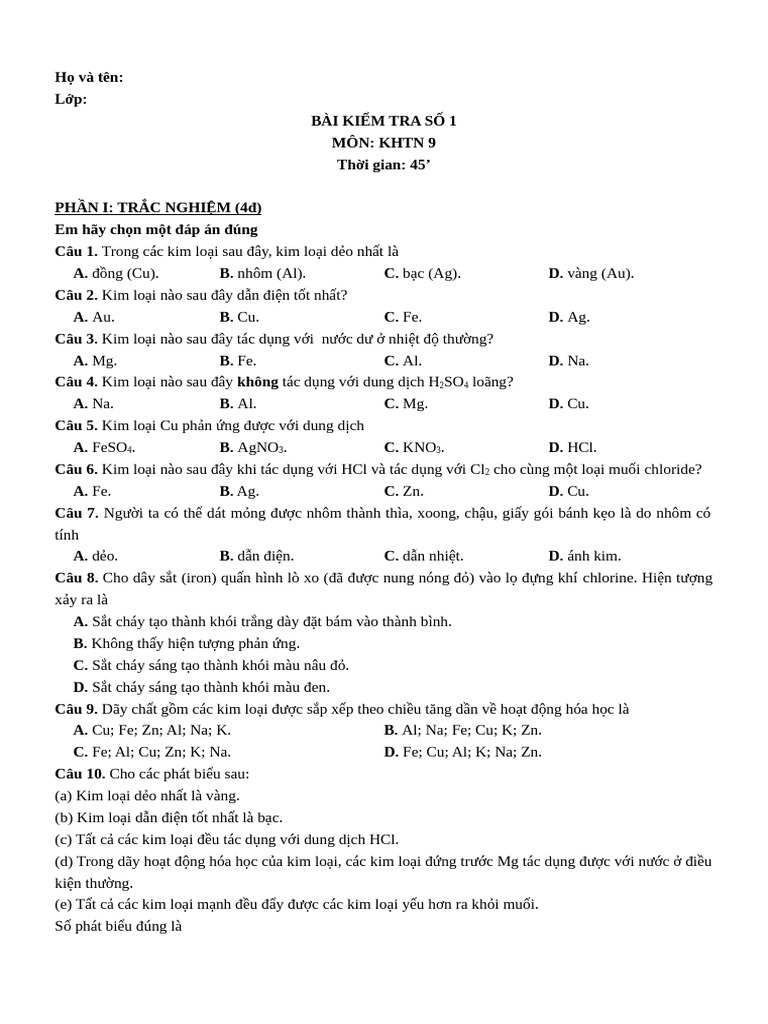 Bài kt số 1 môn KHTN9 | PDF