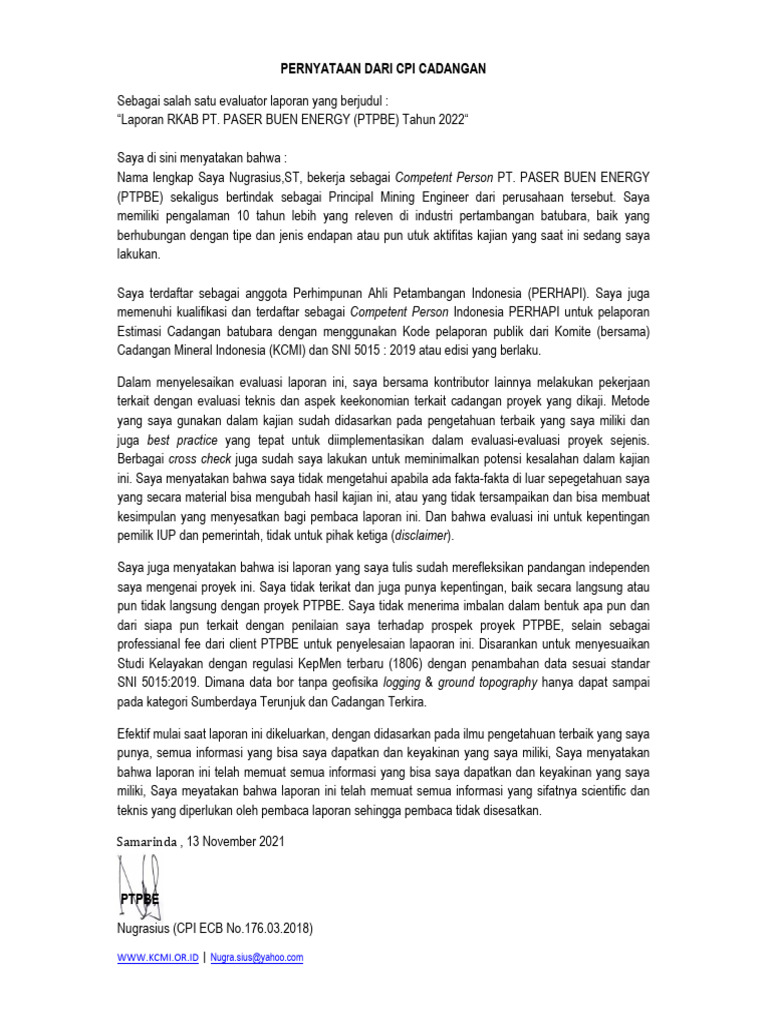 PERNYATAAN DARI CPI Cadangan PBE NUGRA | PDF