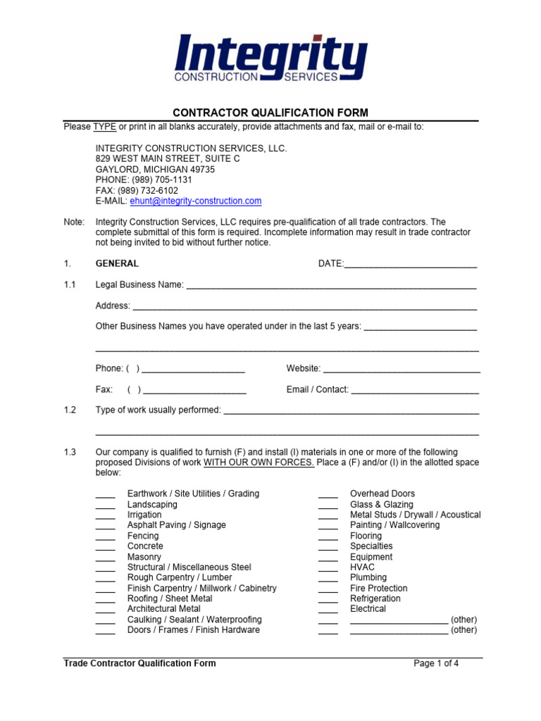 Contractor Qualification Form | PDF | Employment | Carpentry