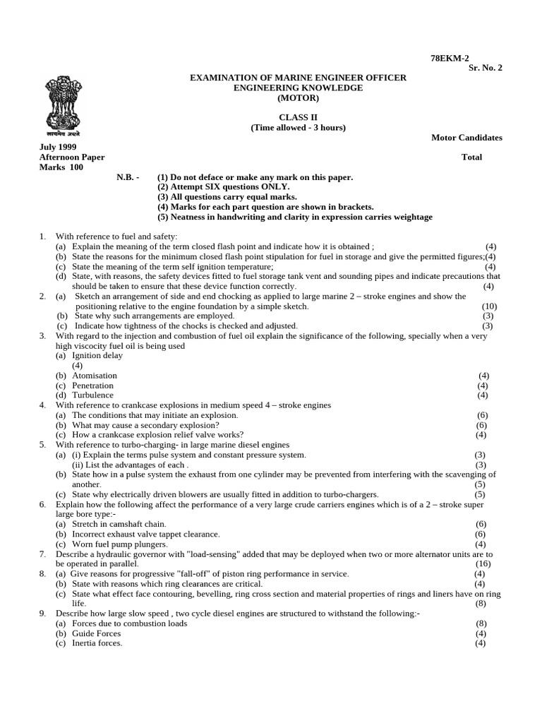 Marine Engineer Officer Exam Paper | PDF | Diesel Engine | Energy ...