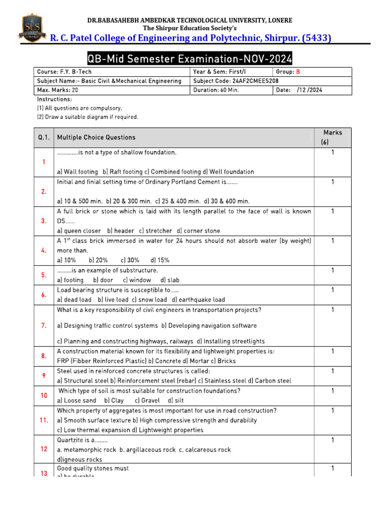 Mid Sem QB - Bcme | PDF