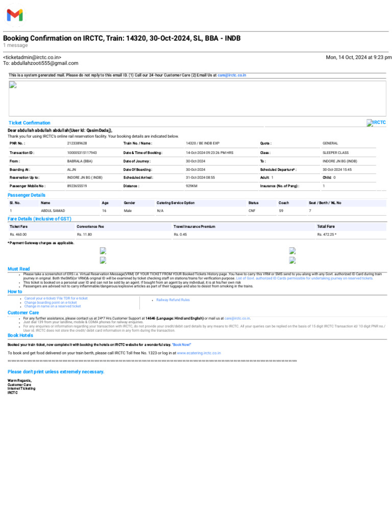 IRCTC Train Booking Confirmation Details | PDF | Service Industries