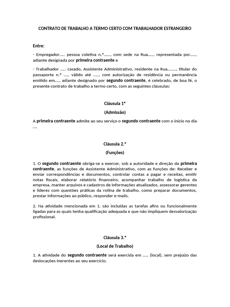 Contrato de Trabalho Termo Certo - Estrangeiro | PDF | Férias trabalhistas