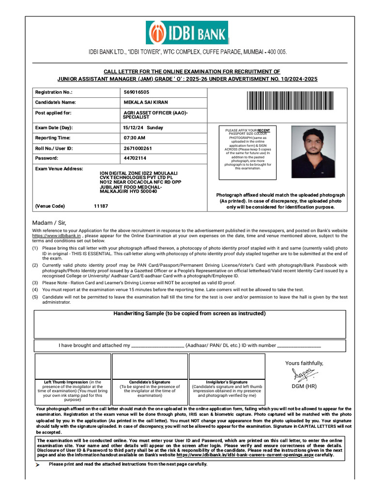 IDBI JAM Grade O Exam Call Letter 2025-26 | PDF | Identity Document | Driver's License