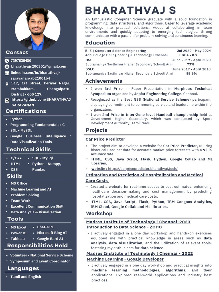 BHARATHVAJ S Resume (1) | PDF | Machine Learning | Artificial Intelligence BHARATHVAJ S Resume (1) | PDF | Machine Learning | Artificial Intelligence