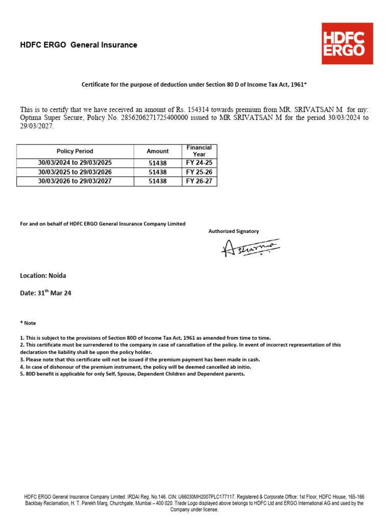 HDFC ERGO Health Insurance Receipt | PDF | Insurance | Financial Services