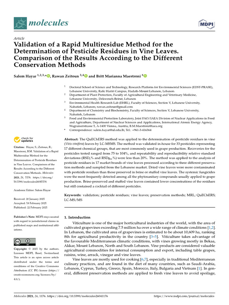Validation of A Rapid Multiresidue Method - Molecules-26-01176-V2 | PDF | Detection Limit ...