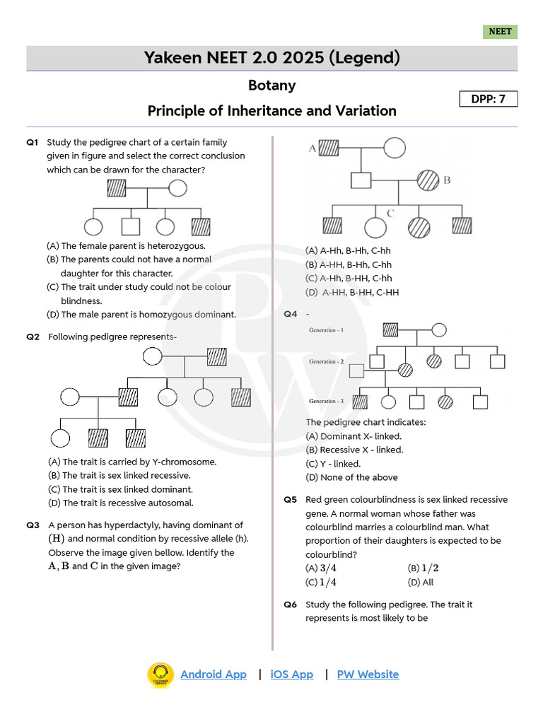 Principle of Inheritance and Variation - DPP 07 (Extra) - Yakeen NEET 2.0 2025 (Legend) | PDF ...