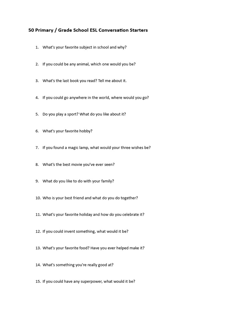 ESL Conversation Starters for Kids | PDF