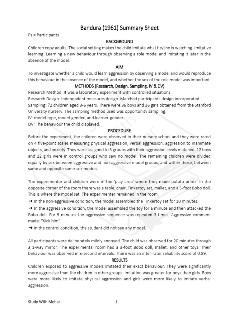 Bandura (1961) Summary Sheet | PDF | Psychology | Behavioural Sciences