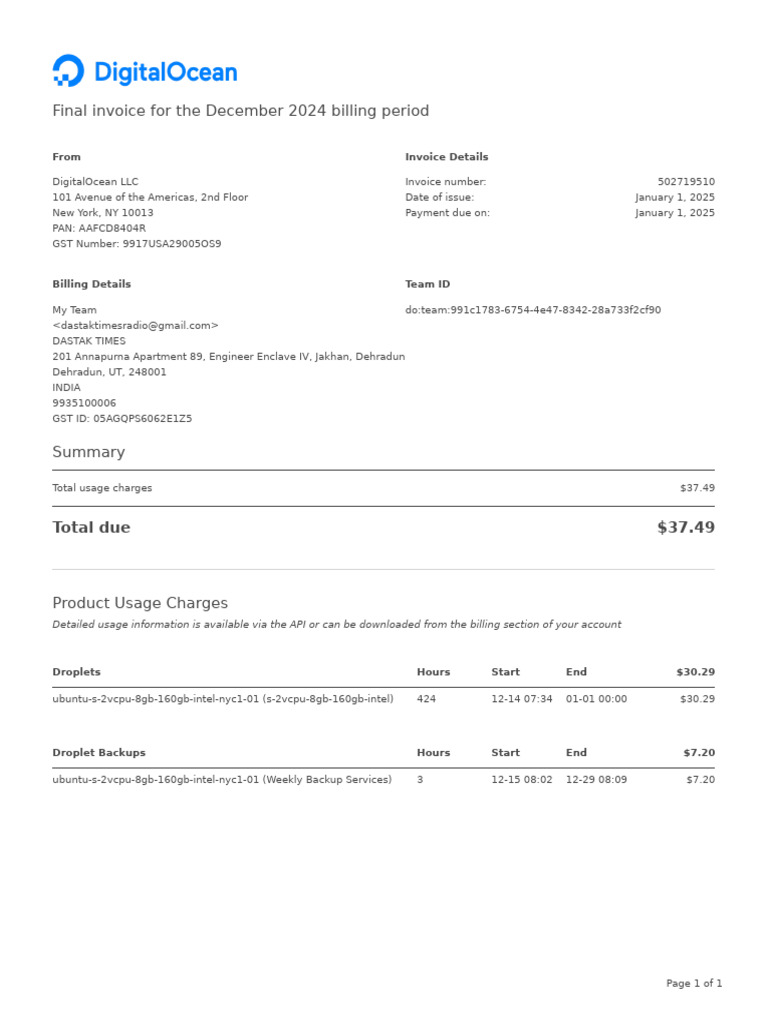 DigitalOcean Invoice 2024 Dec (13636716-502719510) | PDF