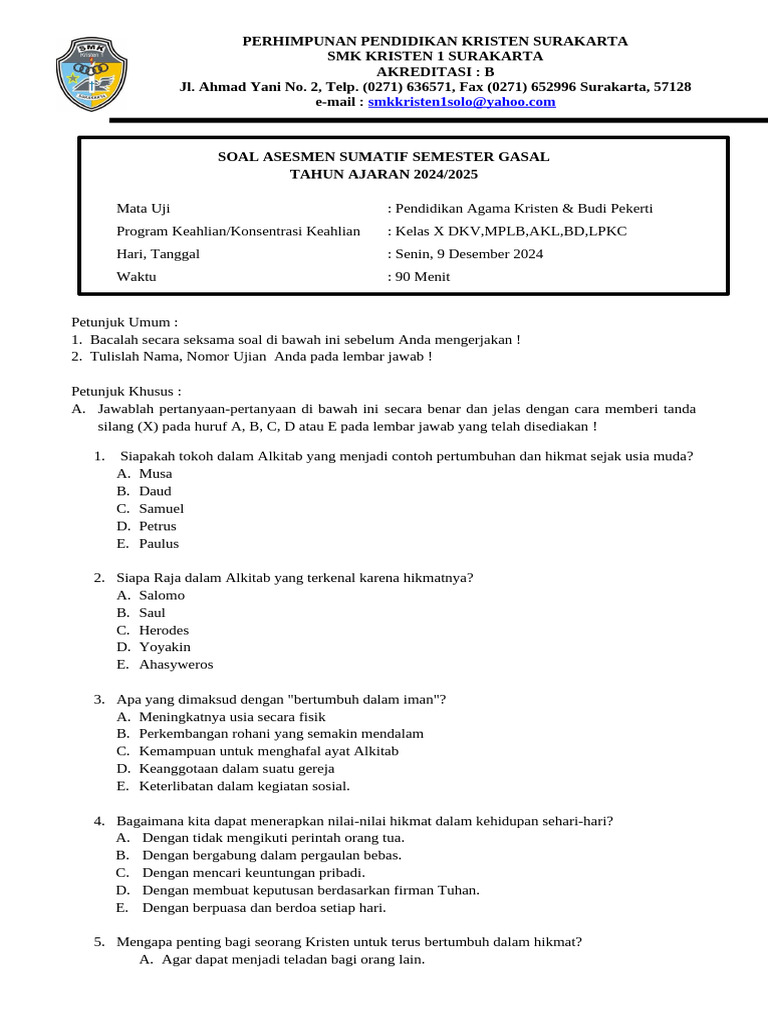Pendidikan Agama Kristen Kelas X Soal, Kunci Jawaban, Norma Penilaian Asesmen Sumatif Gasal 2024 ...