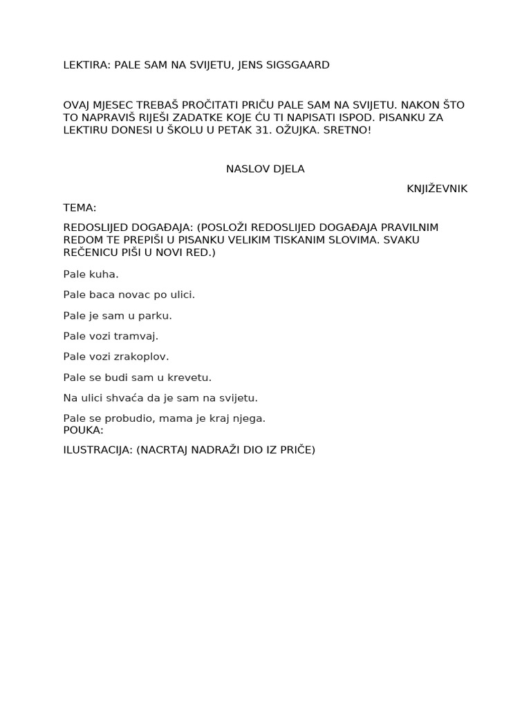 Pale Sam Na Svijetu, Upute Za Lektiru | PDF