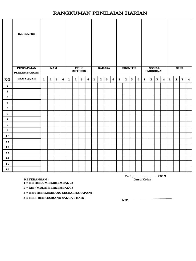 Format Penilaian Harian Perkembangan Anak | PDF