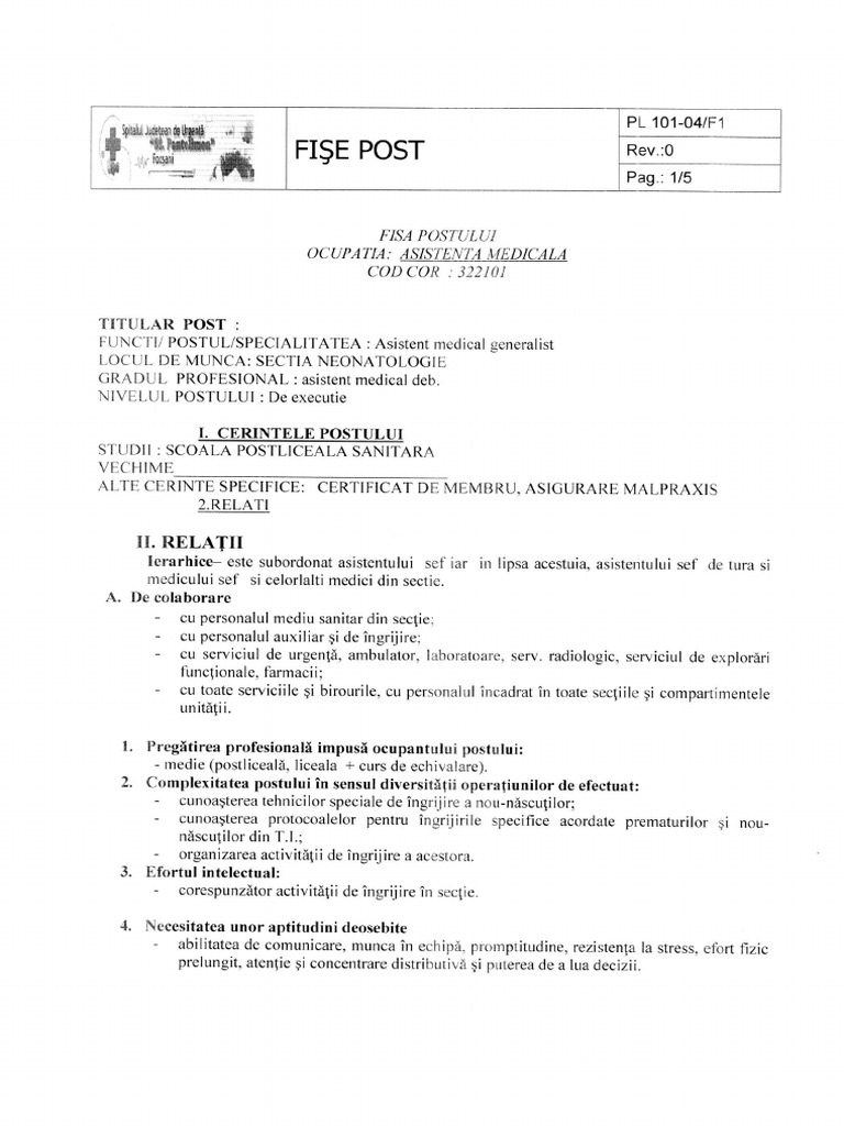 Anunt 042 Fisa Post Asistent Medical Profil Neonatologie | PDF