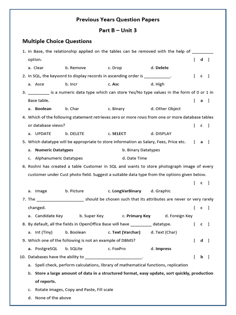 Grade 10 - Part B - Unit 3 (Database Management System) | PDF | Data Type | Databases