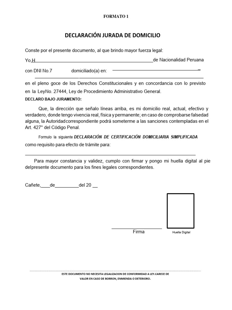 Formato Declaracion Jurada Domicilio PDF | PDF