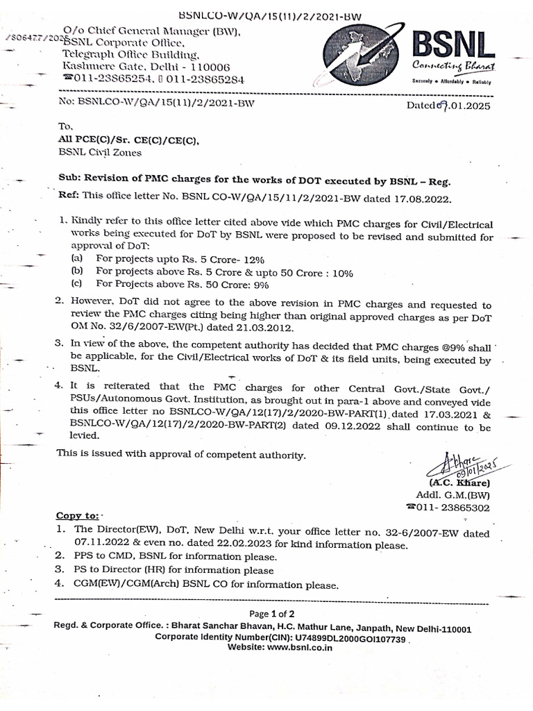 Revision of PMC Charges For The Works of DoT Executed by BSNL Reg | PDF