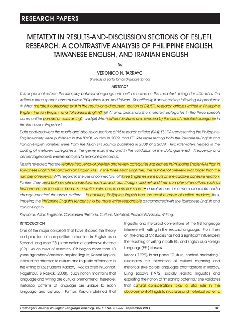 Metatext in Results-And-Discussion Sections of Esl/Efl Research: A ...
