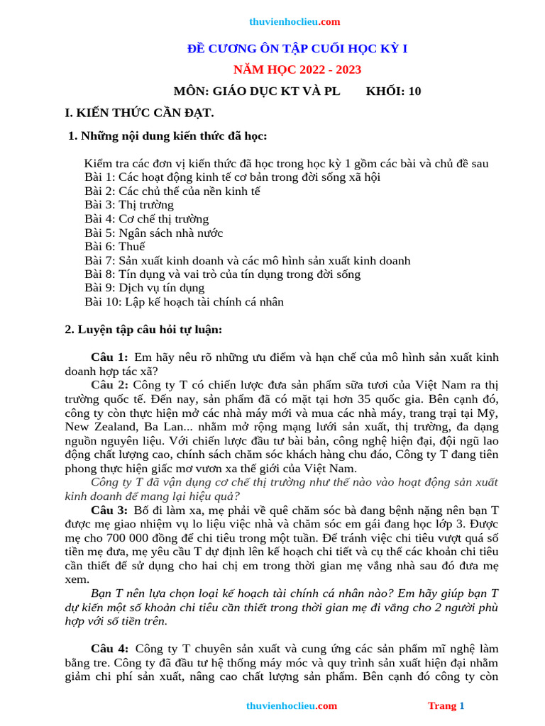 De Cuong On Tap KT Va PL 10 Nam 2022 2023 | PDF
