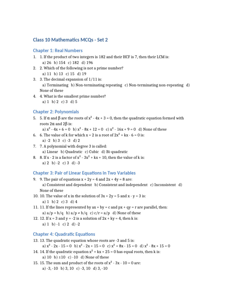 Class 10 Mathematics MCQs Set 2 | PDF